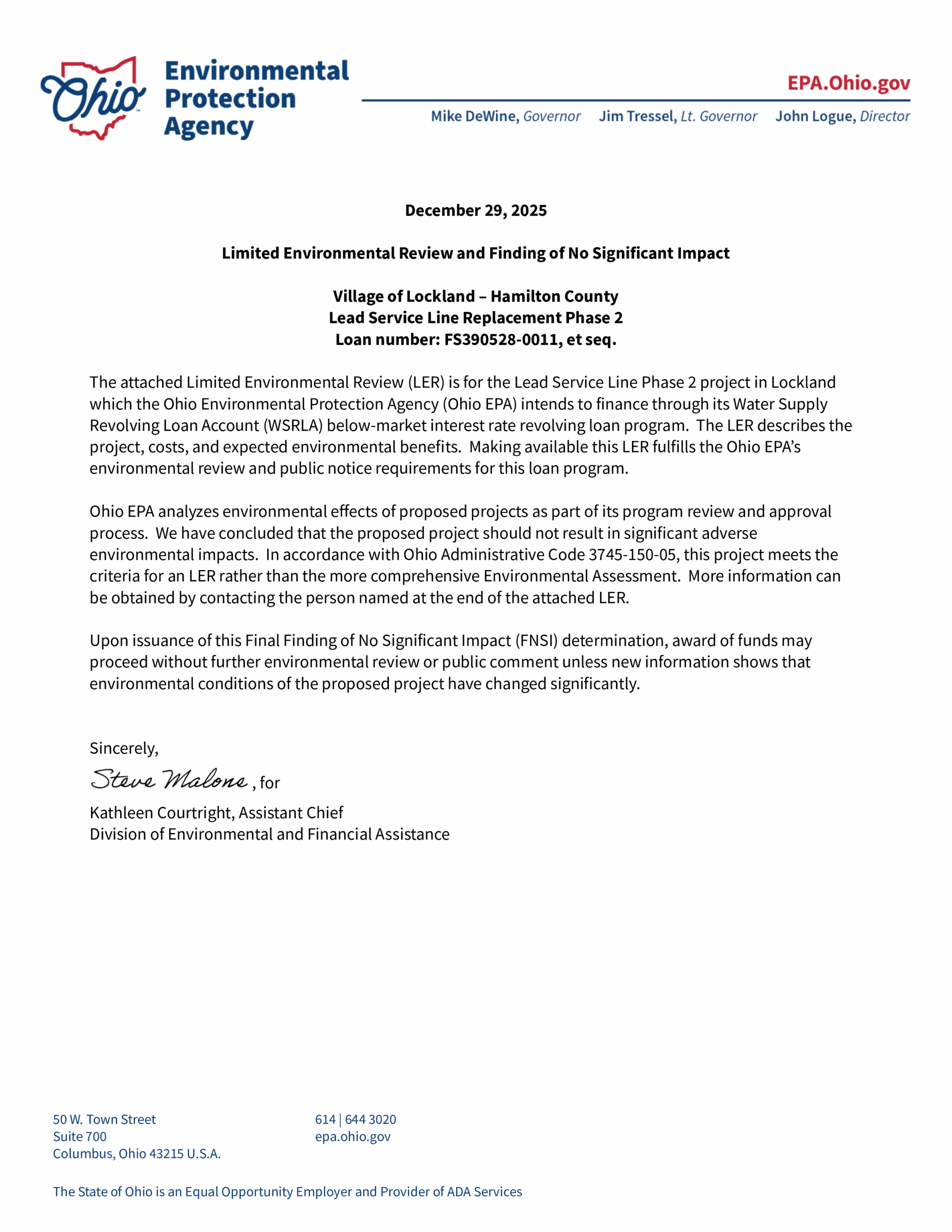 Limited Environmental Review-Lead Service Lines | Village of Lockland Ohio